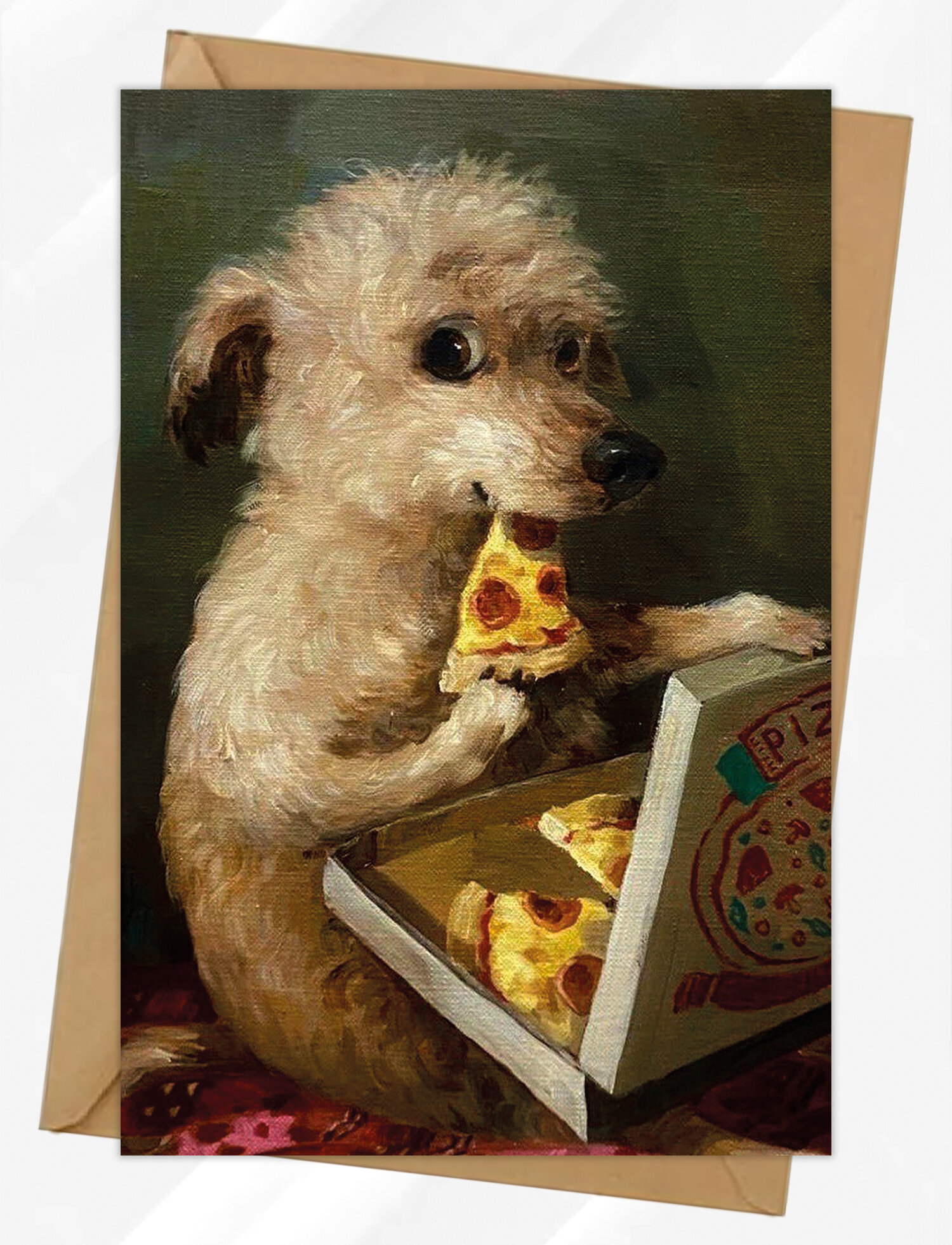 Открытка "Собачка с пиццей" (с конвертом, двусторонняя, подходит под рамку 10х15, подставка)