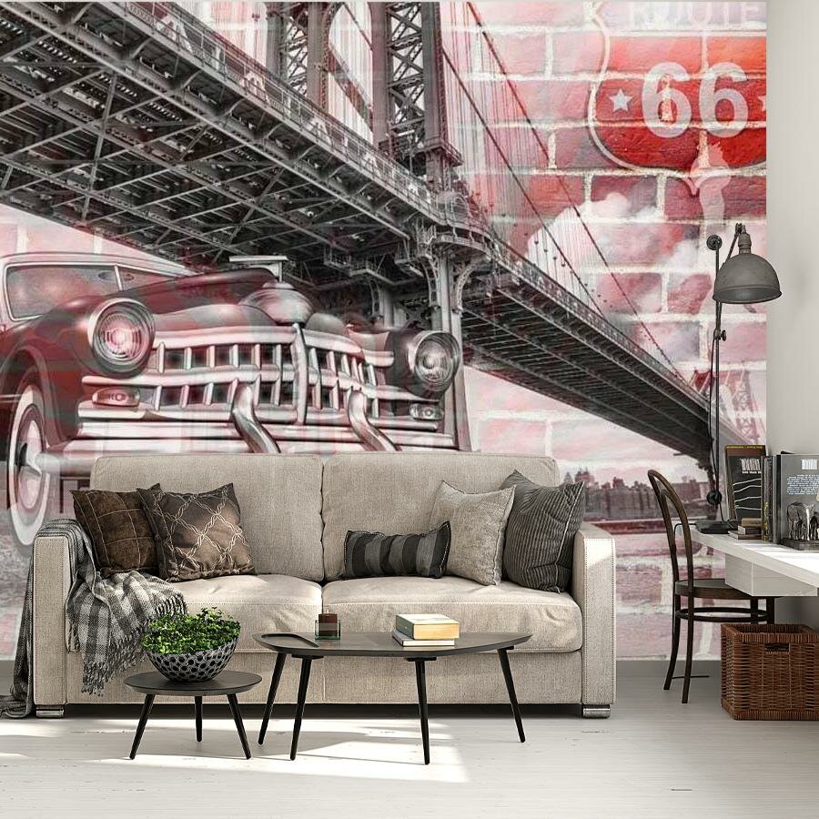 Фотообои Ретро автомобиль под мостом 12-384-S-Холст 270 x 200 см (ВхШ) Бесшовные, флизелиновые, влагостойкие обои MasterFresok