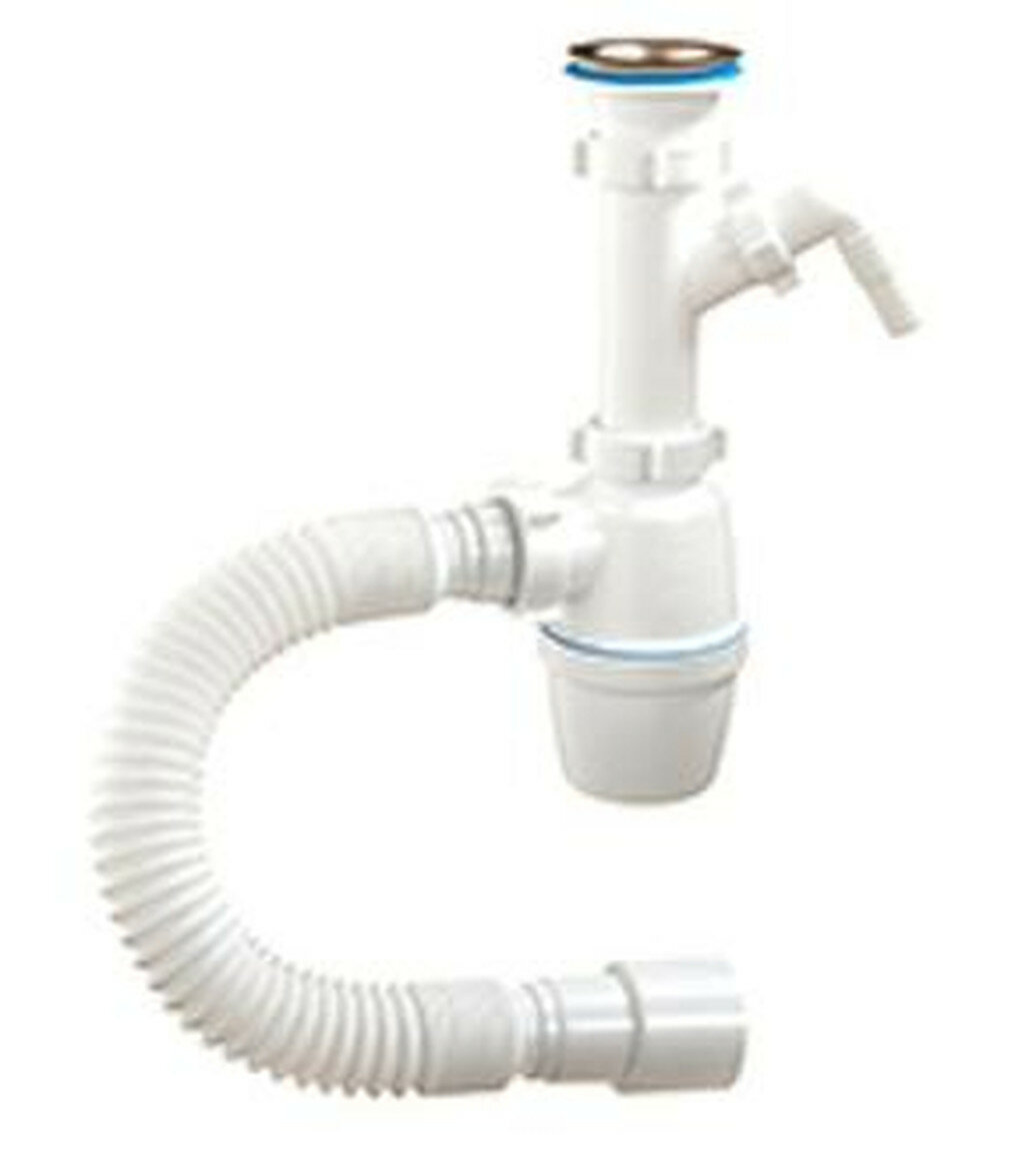 Сифон бутылочный орио, 1 1/2 х 40 с одним отводом и гибкой трубой 40-40/50