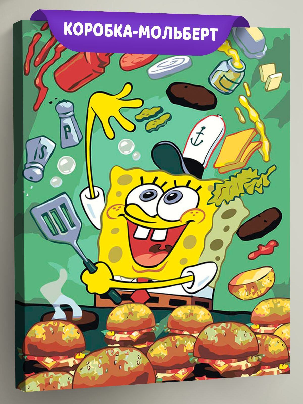 Картина по номерам на холсте с подрамником "Губка Спанч Боб готовит крабсбургеры", Раскраска 40x50 см, Мультфильмы