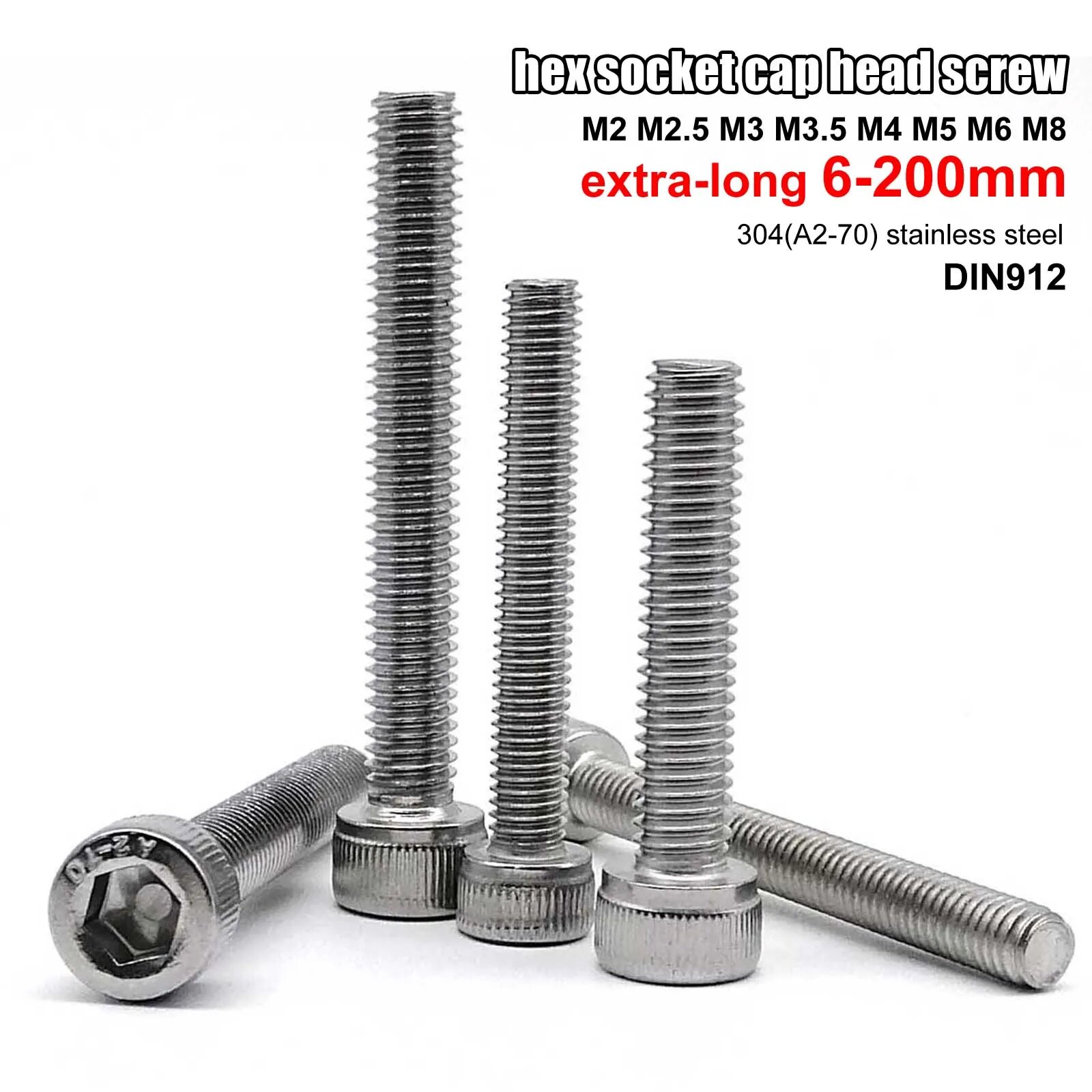 M2 M2.5 M3 M3.5 M4 M5 M6 M8 Удлиненный длинный 200 мм A2-70 304 Нержавеющая сталь Винт с шестигранной головкой и шестигранной головкой DIN912