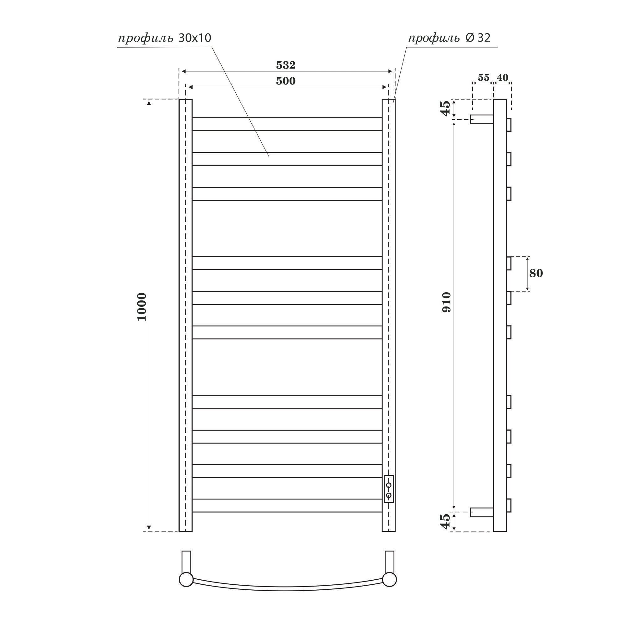 Point Полотенцесушитель электрический Антея PN17850B П10 500x1000, диммер справа черный