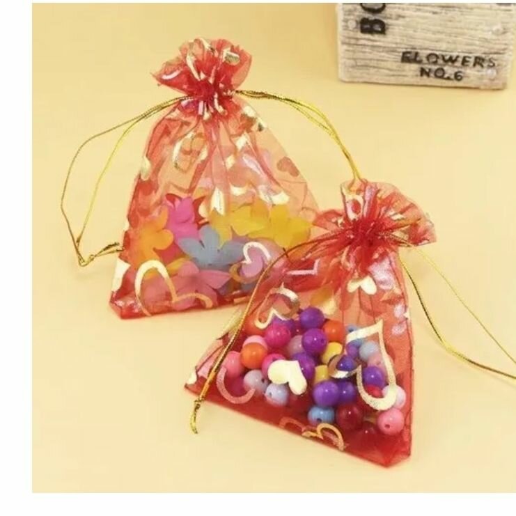 Мешочки из Органзы Подарочный Красный цвет "Сердечки" набор из 5 шт