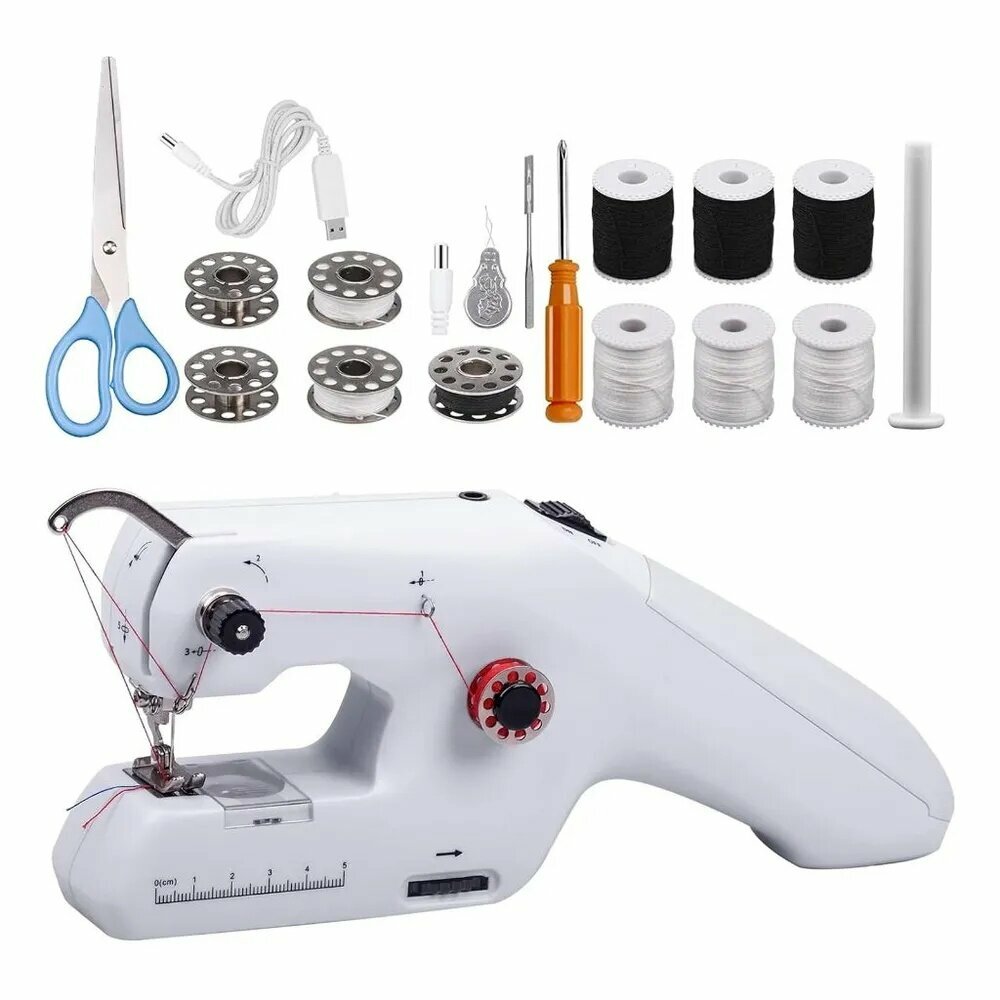 (1 комплект) Бытовая мини-ручная электрическая швейная машина с двумя нитками-белый