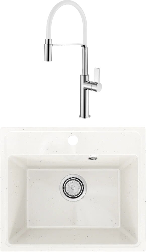 Комплект Мойка Practik PR-M 490-001, белый камень / Смеситель Rush MS9035-35White, белый, с гибким изливом
