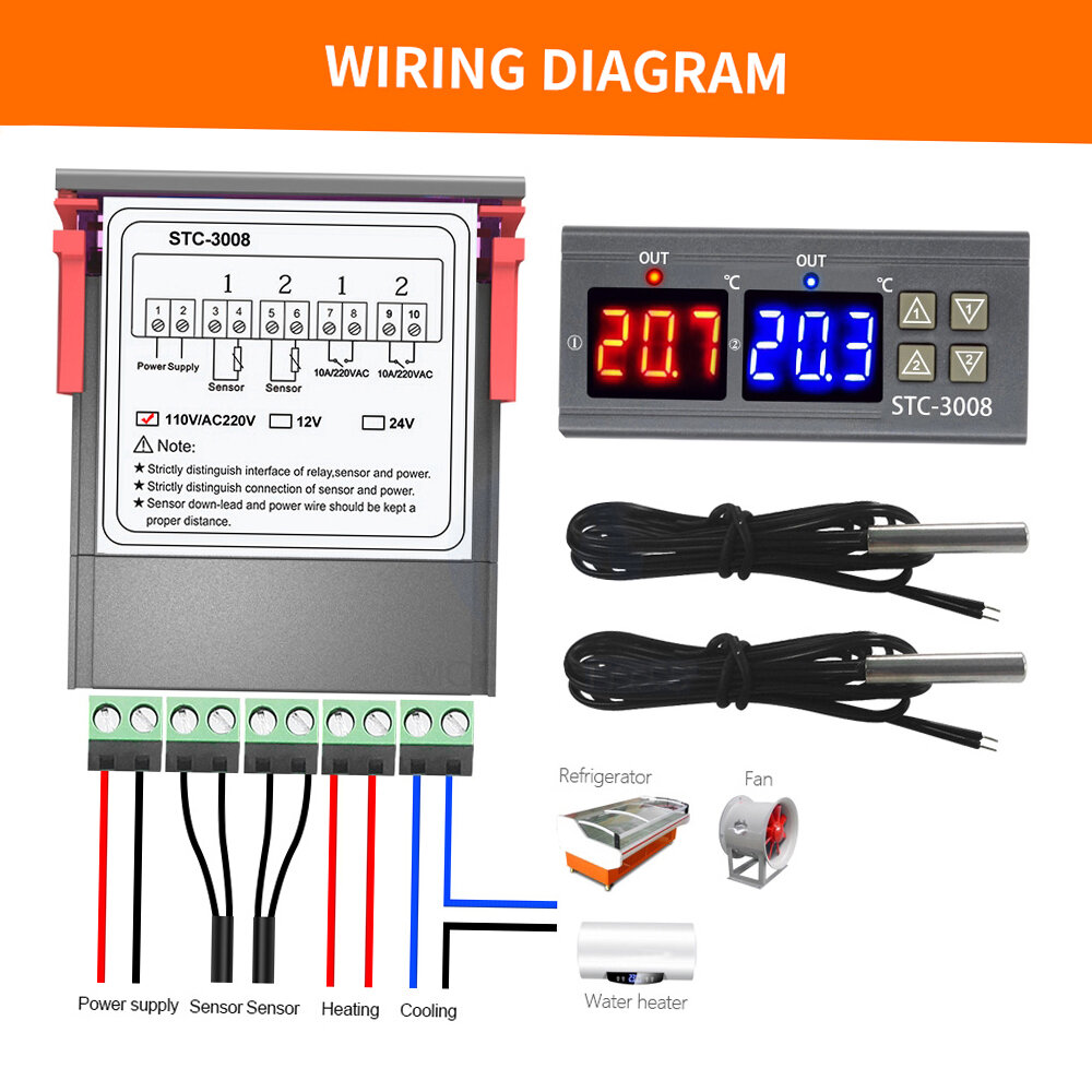 Двойной термостат с двумя реле, два датчика NTC, нагрев 110-220В