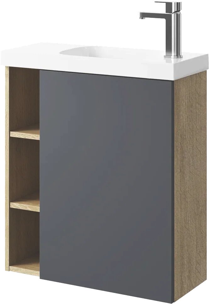 Тумба с раковиной Aqwella Alba подвесная, 60 см, серая, светлое дерево, матовая, из ЛДСП, с дверками, раковина для ванной из искусственного мрамора, прямоугольная