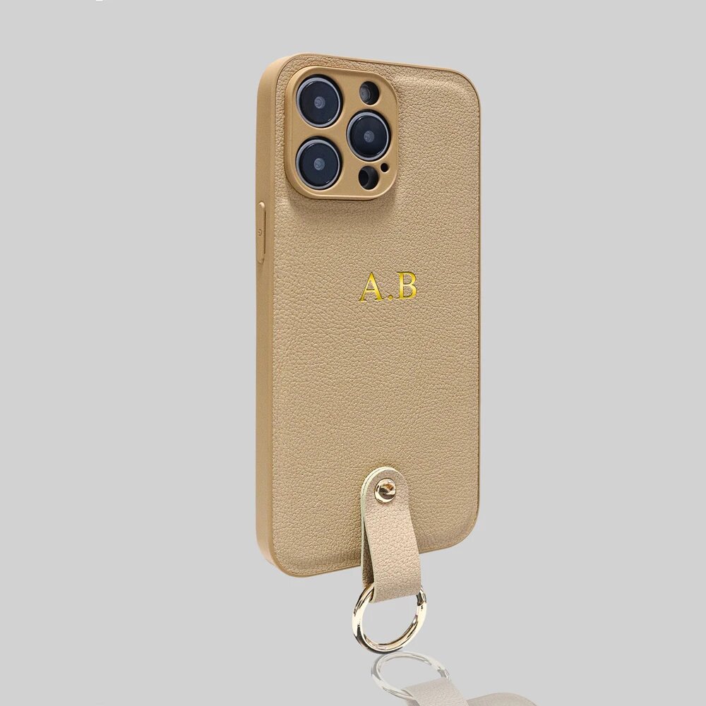 Персонализированный чехол с именем по индивидуальному заказу для iPhone 11, 12, 13, 14, 15, 16 Pro Max Plus, мягкий роскошный чехол с ремешком и пряжкой с гравировкой Для iPhone 16 Pro Макс, Khaki-Gold