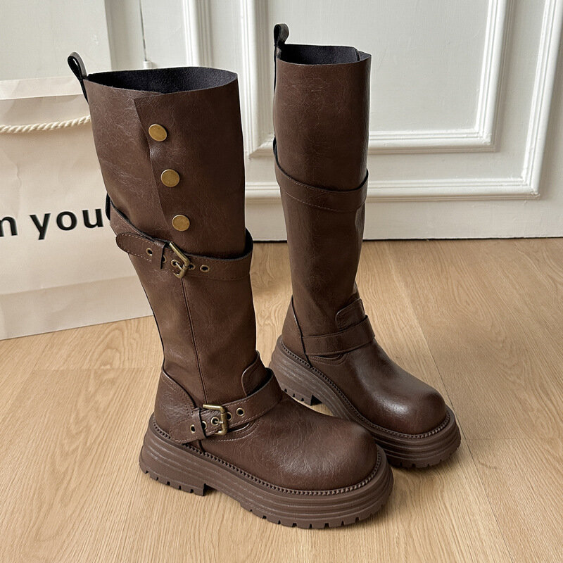 Длинные сапоги в ретро-британском стиле с толстым каблуком и толстой подошвой, женские, осень-зима 2025 года, длинные сапоги с большой окружностью трубы, высокие рыцарские сапоги