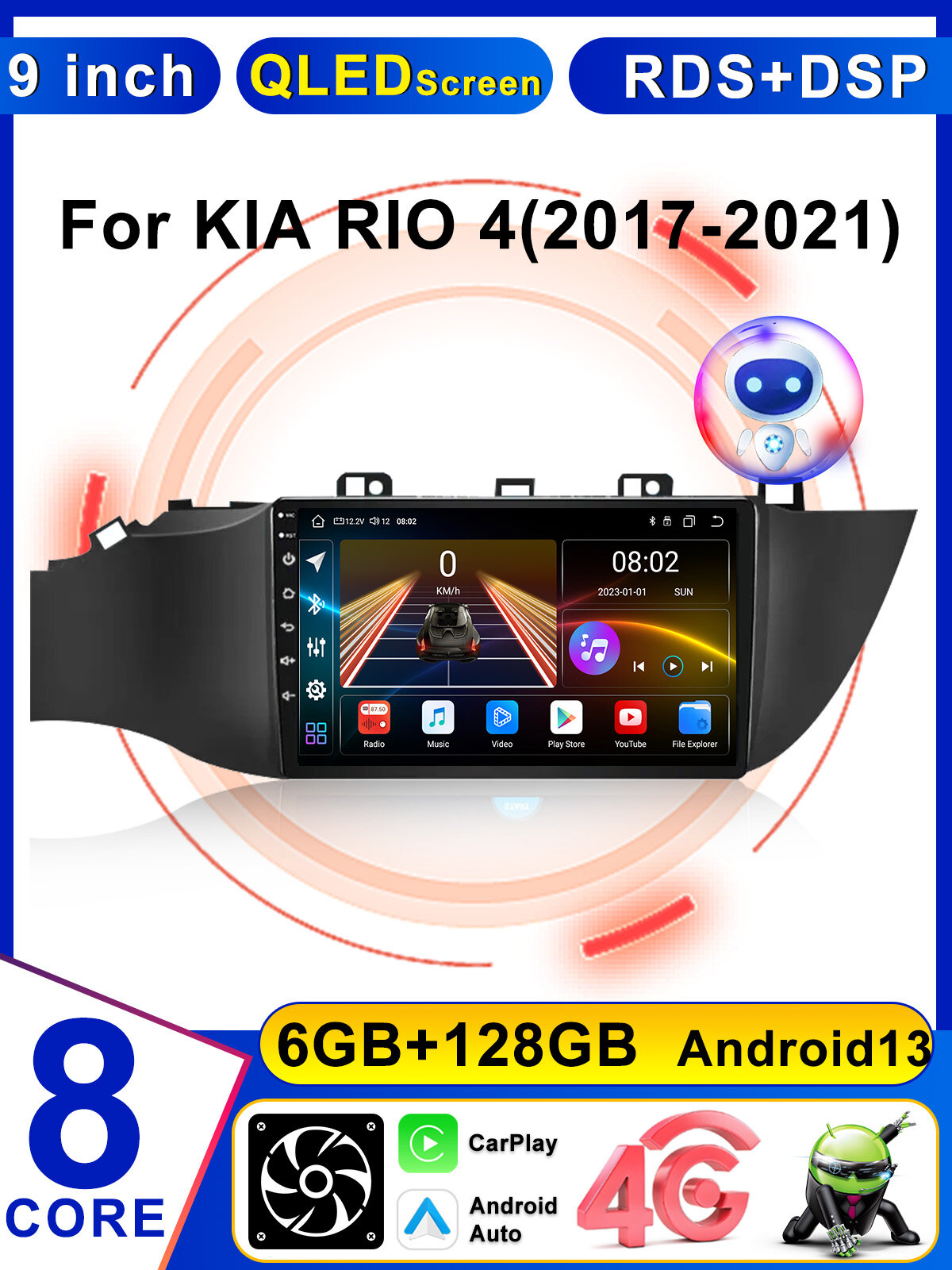 Магнитола для Автомагнитол KIA RIO 4 2017-2021 2 DIN Android Auto Carplay 9-дюймовое головное устройство Android FM RDS WIFI