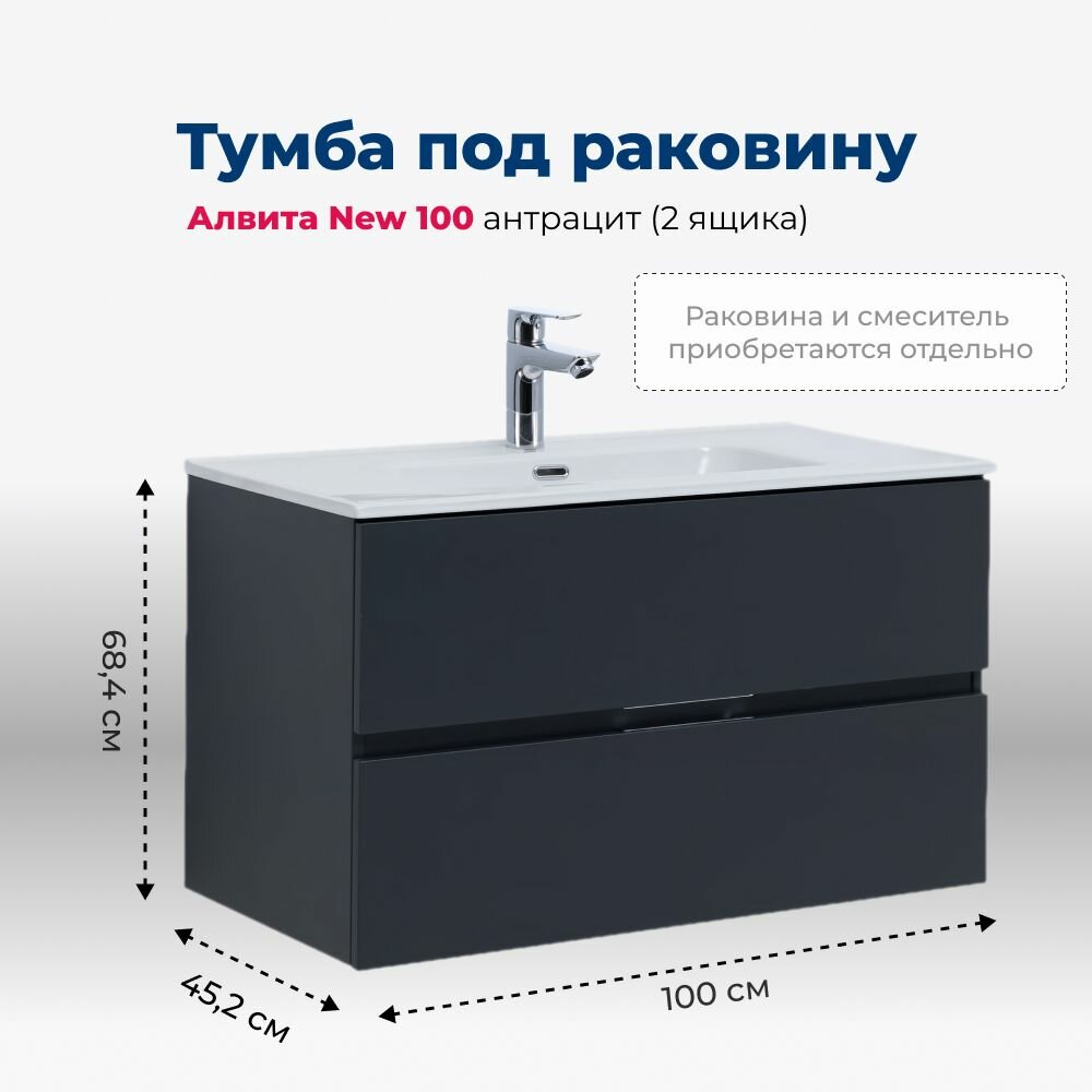 Тумба под раковину в ванную Aquanet Алвита New 100 2 ящика, антрацит