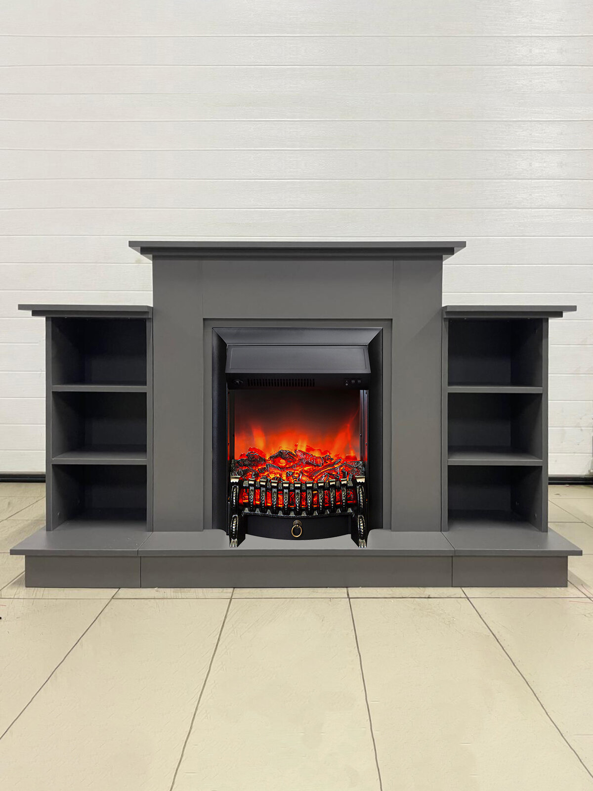 Камин электрический LiderKamin Lord Premium GR графит с очагом Fobos, 2 тумбы с полками, звук, обогрев (электрокамин)