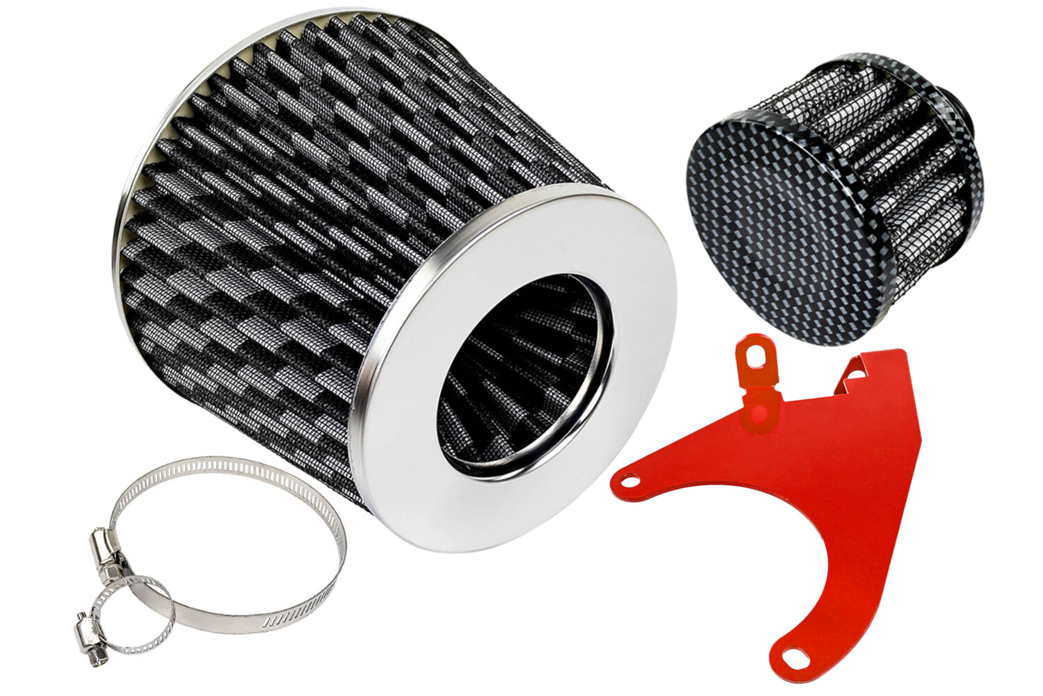 Комплект воздушных фильтров нулевого сопротивления (воздушный и картерных газов) MR под карбон с красным кронштейном Sal-Man для 8-клапанных ВАЗ 2108-21099, 2110-2112, 2113-2115, Лада Гранта, Гранта FL, Калина, Калина 2, Приора