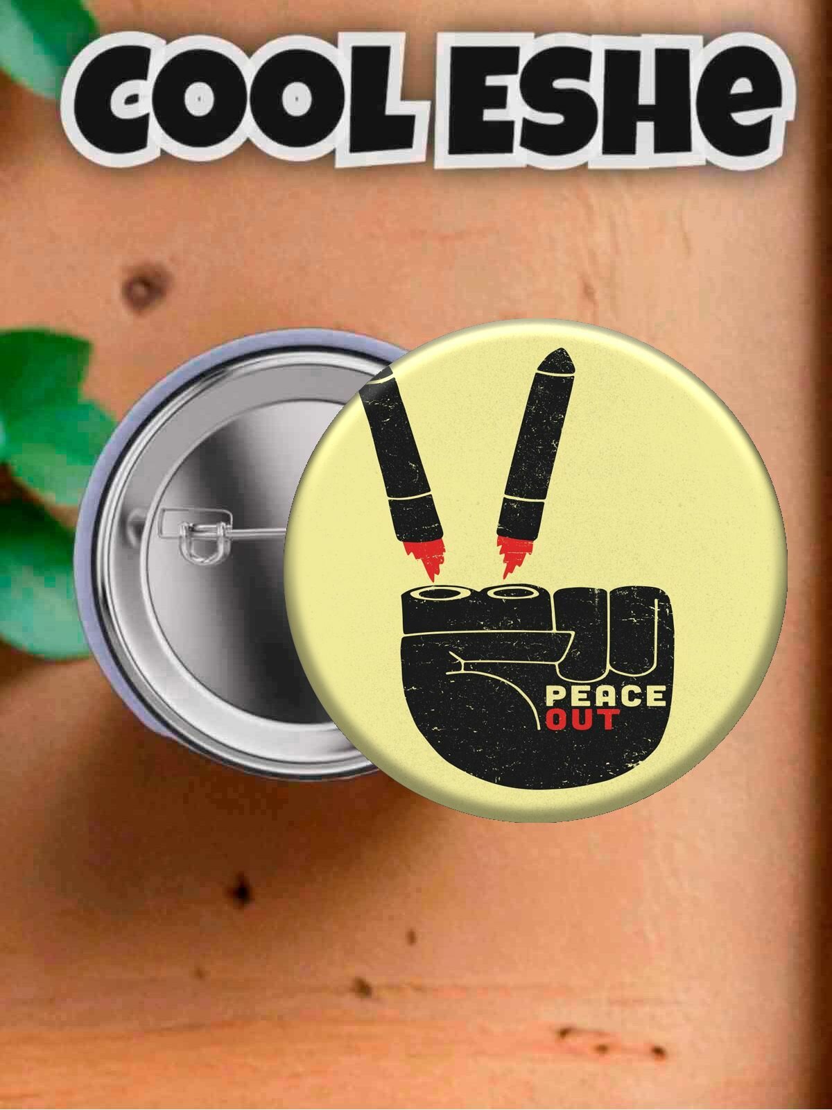 Значок "Peace out, пальцы-ракеты, светлый фон" из коллекции "Арт" 44 мм
