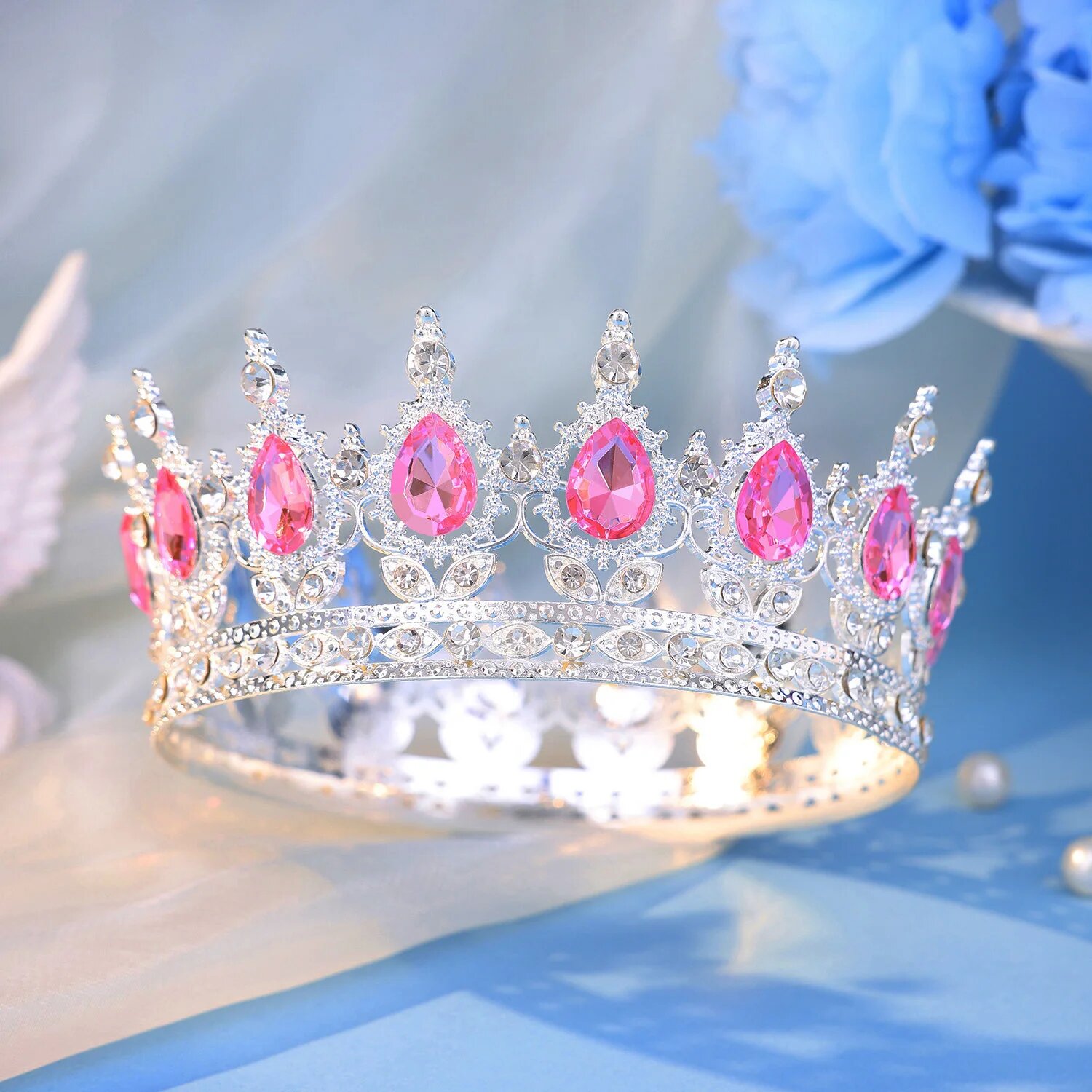 Корона Silver Pink хрустальная, серебряная для украшения