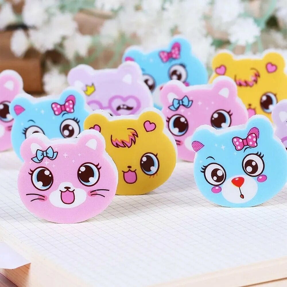 Набор ластиков фигурных 4 штуки, в виде мордочек котиков, Qihao, мягкие цветные, школьные стерки для детей