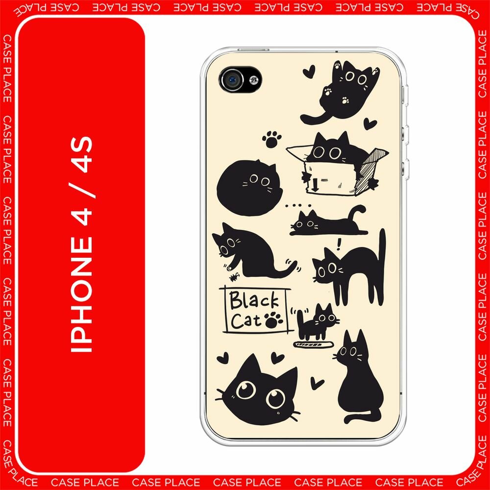Чехол на Apple iPhone 4/4S / Айфон 4/4S с принтом "Чёрный котик рисунки"