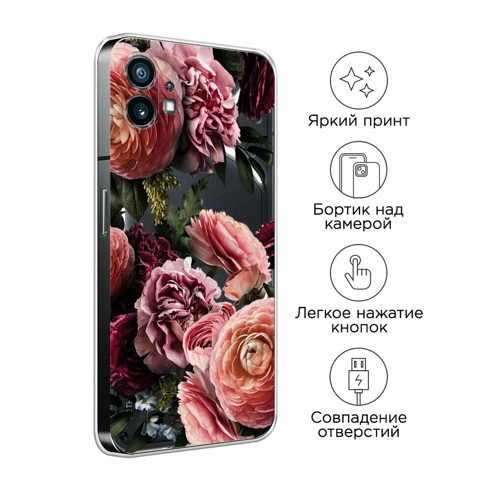 Чехол на Nothing Phone 1 / Нафинг Фон 1 с принтом "Бордовые винтажные цветы", прозрачный — фото 1
