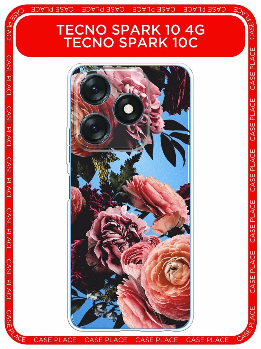 Чехол на Tecno Spark 10/10C / Текно Спарк 10/10С с принтом "Бордовые винтажные цветы", прозрачный