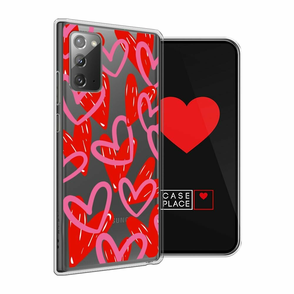 Чехол на Samsung Galaxy Note 20 / Самсунг Галакси Ноут 20 с принтом "Hearts doodles - 14 февраля", прозрачный — фото 1