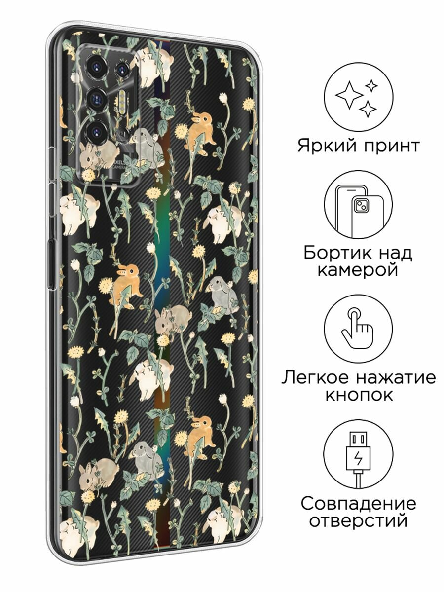 Чехол на Tecno Pova 2 / Текно Пова 2 с принтом "Кролики в одуванчиках", прозрачный — фото 1