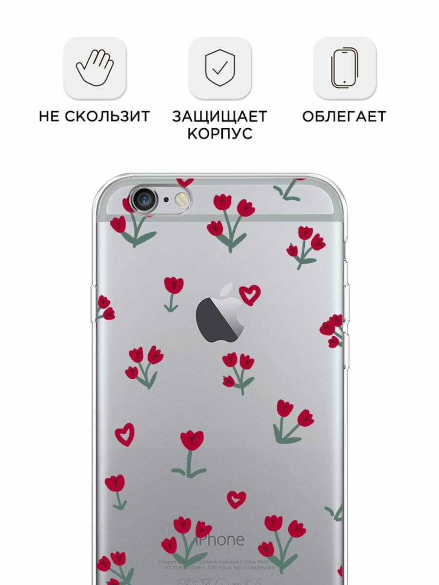 Чехол на Apple iPhone 6 / Айфон 6 с принтом "Красные тюльпанчики", прозрачный — фото 1