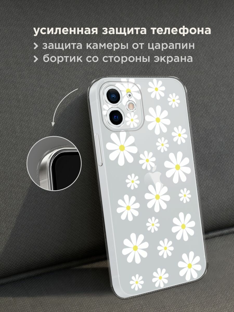 Чехол на Apple iPhone 12 mini / Айфон 12 Мини с принтом "Большие ромашки", прозрачный — фото 1