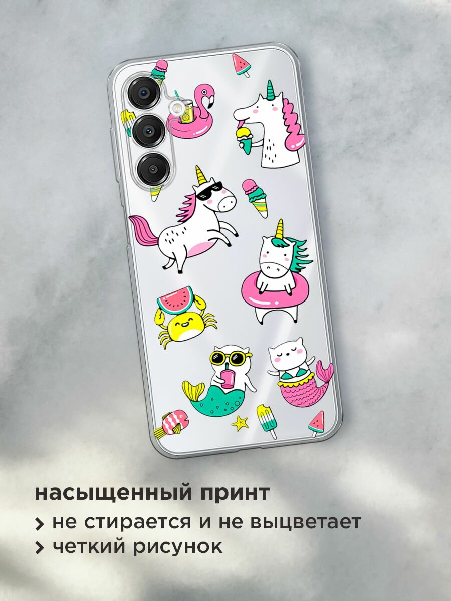 Чехол на Samsung Galaxy A16 / Самсунг А16 с принтом "Единороги в отпуске", прозрачный — фото 1