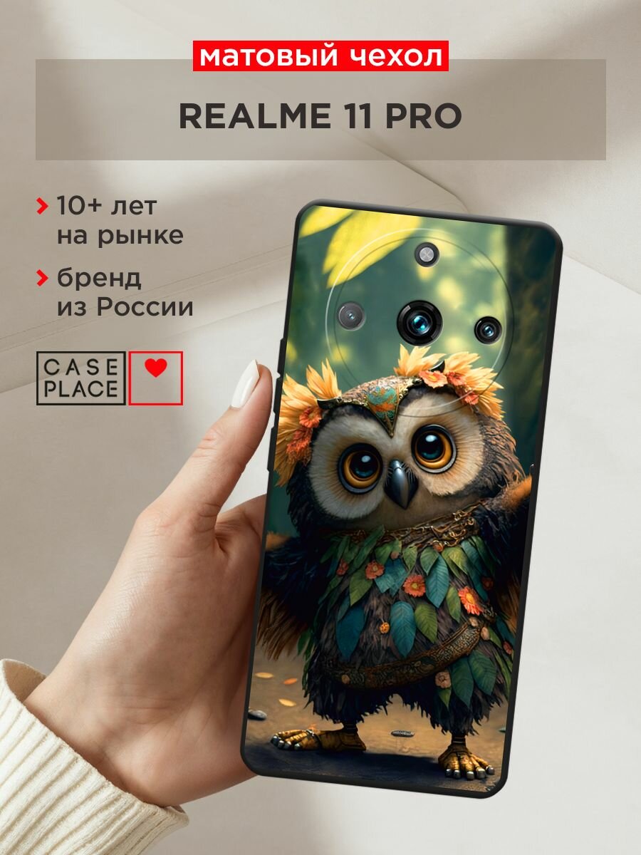 Черный матовый чехол на Realme 11 Pro / Реалми 11 Про с принтом "Тропическая сова"