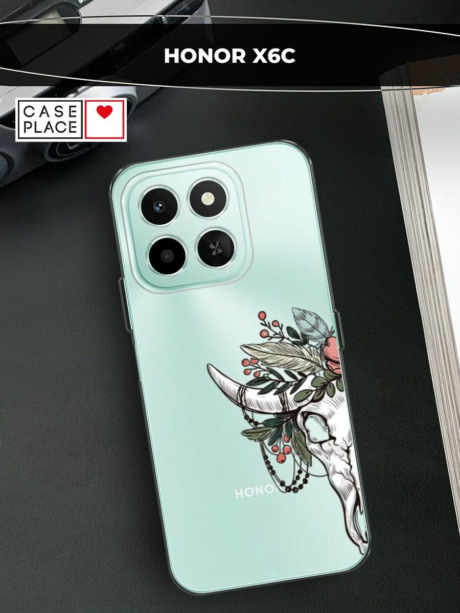 Чехол на Honor X6c / Хонор X6c с принтом "Череп быка с цветами", прозрачный