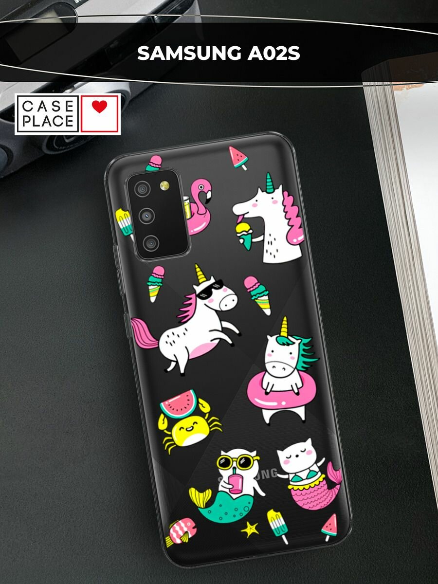 Чехол на Samsung Galaxy A02s / Самсунг Галакси A02s с принтом "Единороги в отпуске", прозрачный