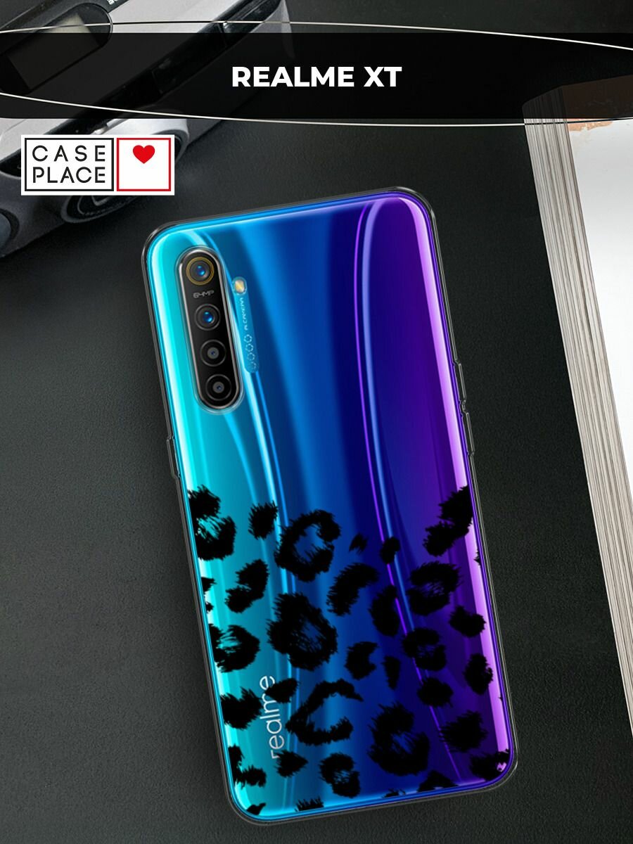 Чехол на Realme XT / Реалми XT с принтом "Окрас леопарда фон черный", прозрачный