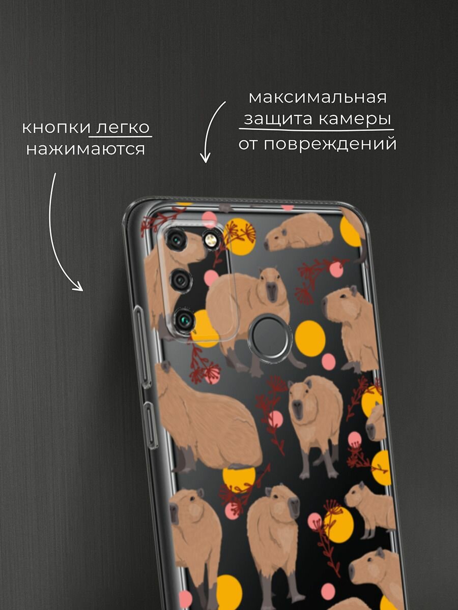Чехол на Honor 9A / Хонор 9А с принтом "Капибара паттерн", прозрачный — фото 1