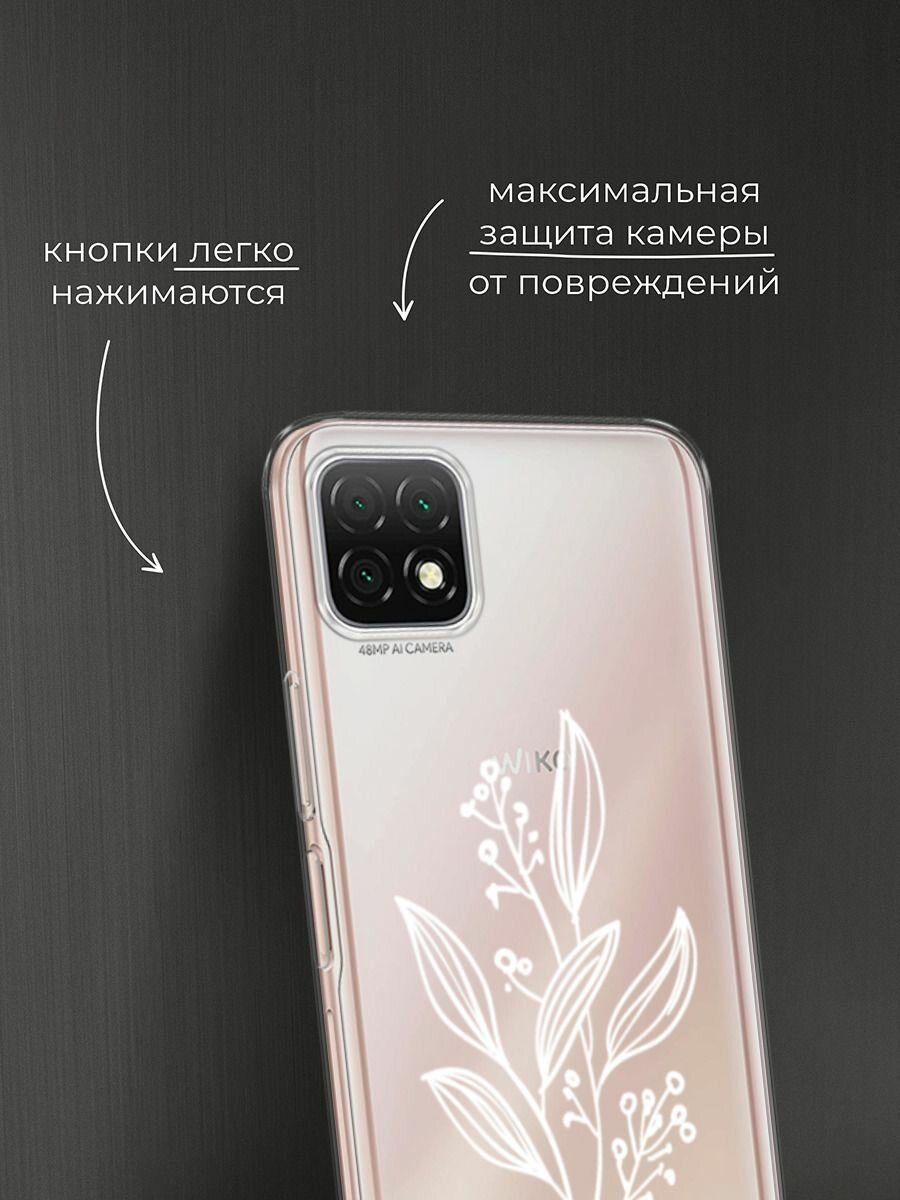 Чехол на Wiko T3 / Вико Т3 с принтом "Ветка с листочками и цветами", прозрачный — фото 1