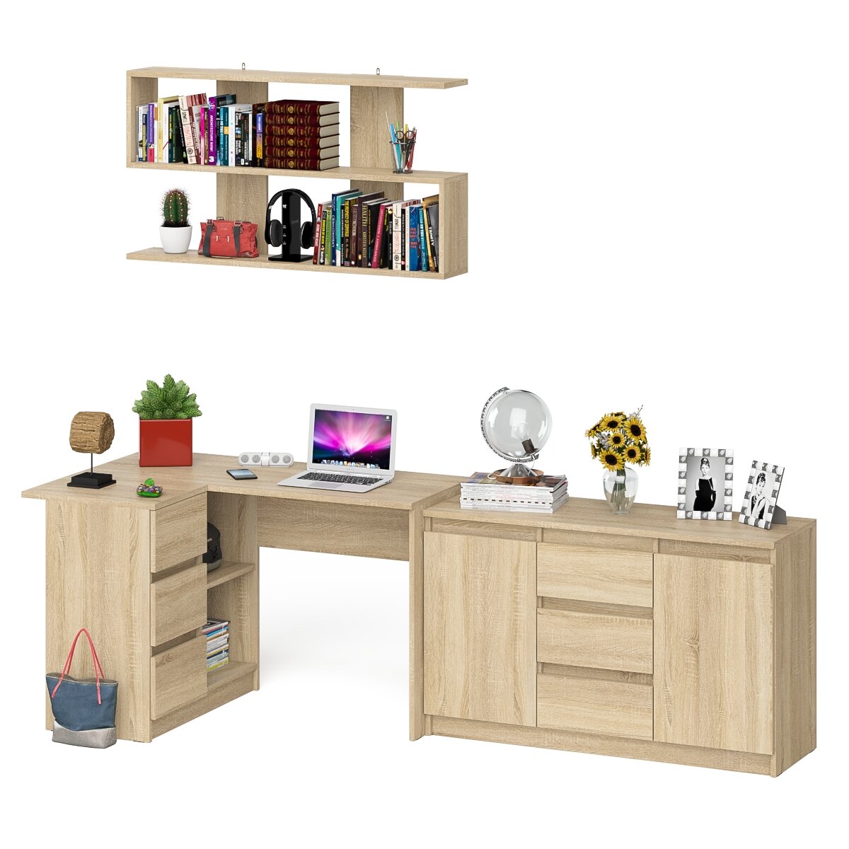 Угловой компьютерный стол Мори МС-16 левый с полкой и тумбой-комодом 1200-3 дуб сонома, 244,8х84,9х209,6 см