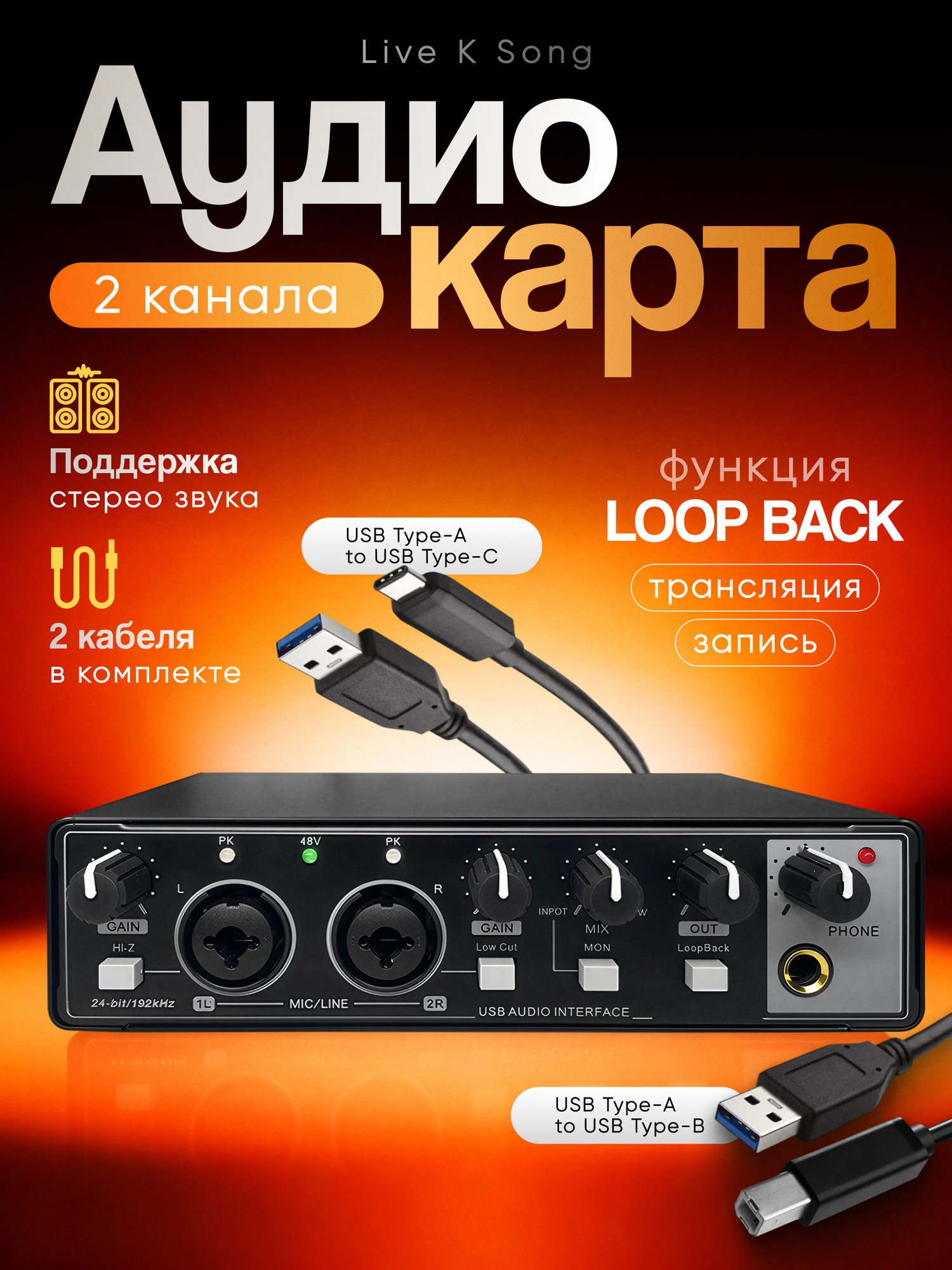 Аудио карта, Live K Song, разрешение 24 бит/192 кГц, 2 канала