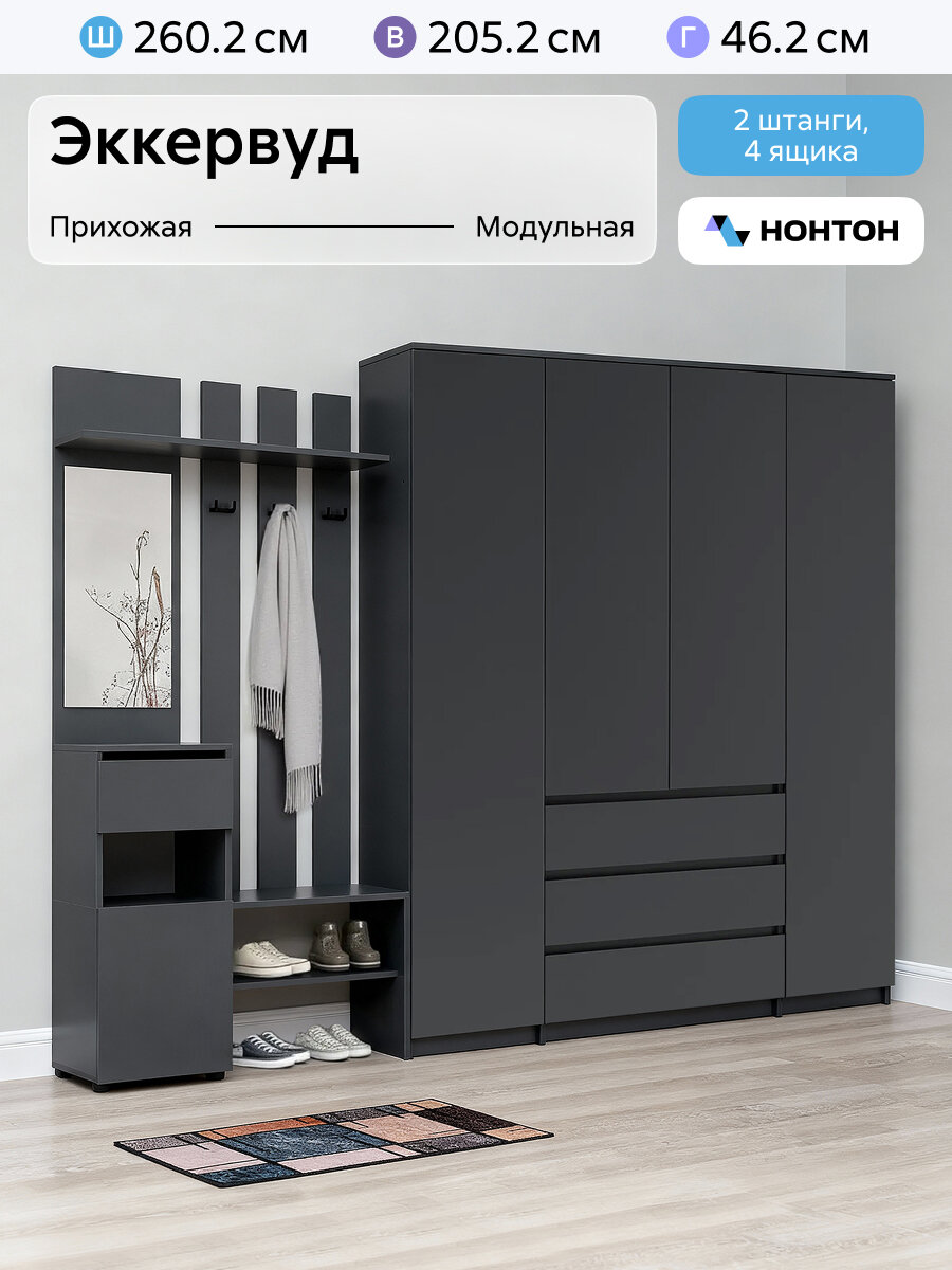 Стенка в прихожую Нонтон Эккервуд Спейс, 260x46x205 см, 2 модуля, графит серый