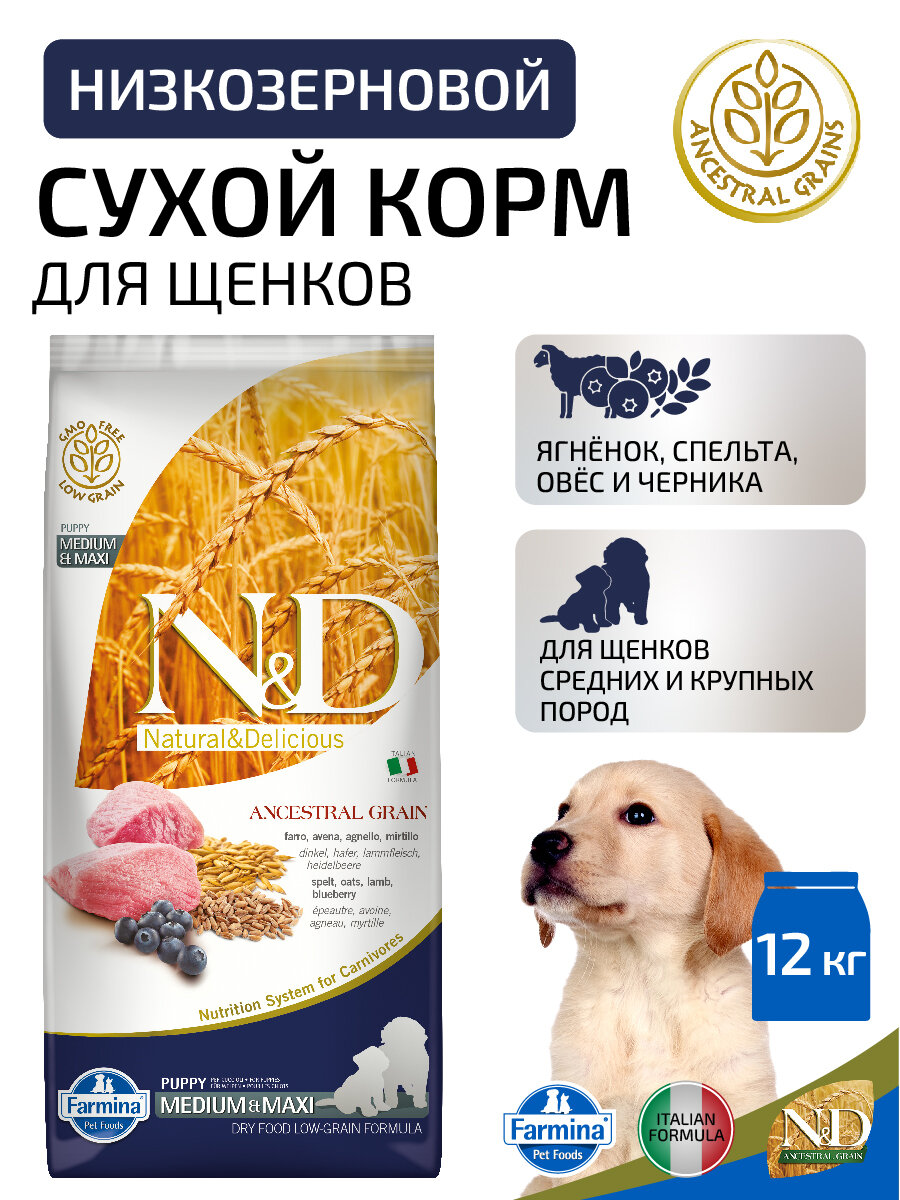 Сухой низкозерновой корм Farmina N&D Ancestral Grain Dog Puppy для щенков средних и крупных пород, беременных и кормящих собак, с ягненком и черникой 12 кг