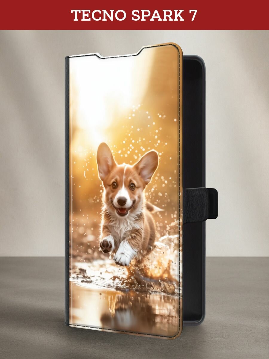 Чехол-книжка на Tecno Spark 7 / Текно Спарк 7 с принтом Счастливый щеток в луже, черный