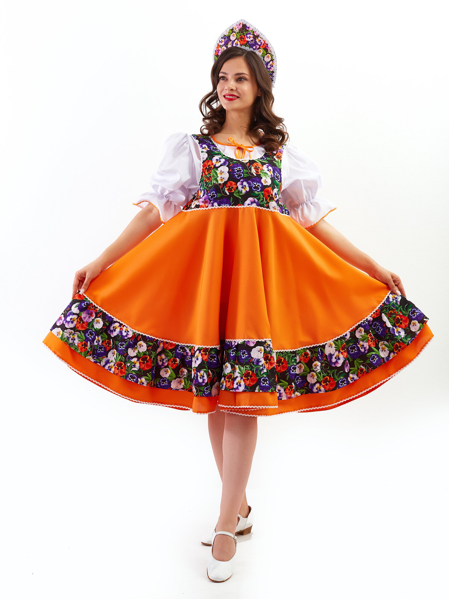 Костюм русский народный сарафан плясовой Анютка оранжевый, размер 44-46
