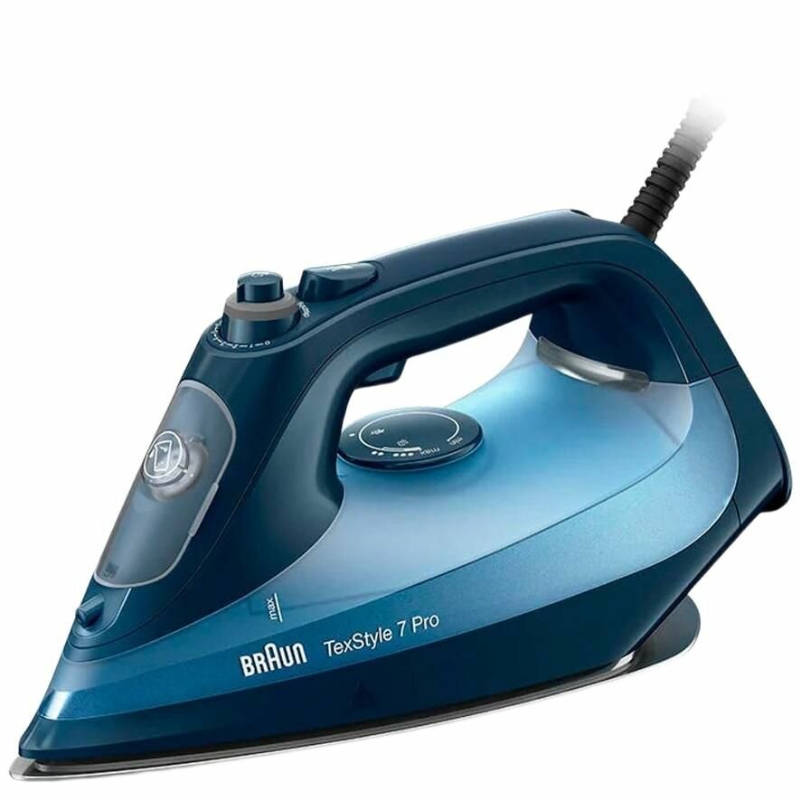 Утюг BRAUN TexStyle 7 SI7160BL синий, 3000 Вт, пар 50 г/мин, паровой удар 225 г/мин, вертикальное отпаривание