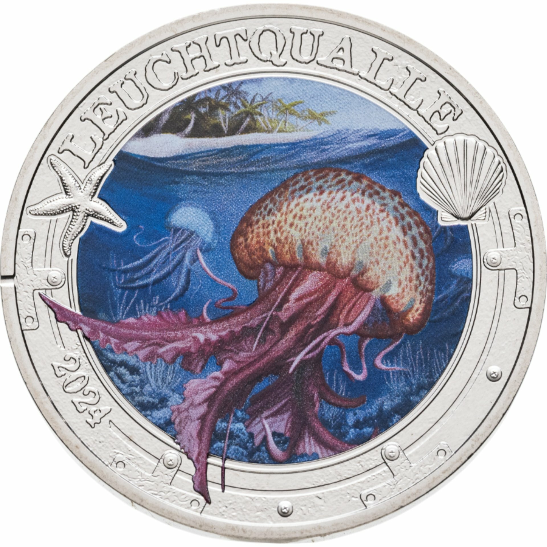 Австрия 3 евро 2024 "Светящаяся морская жизнь - Светящиеся медуза", Мельхиор медь-никель, в сохранности UNC