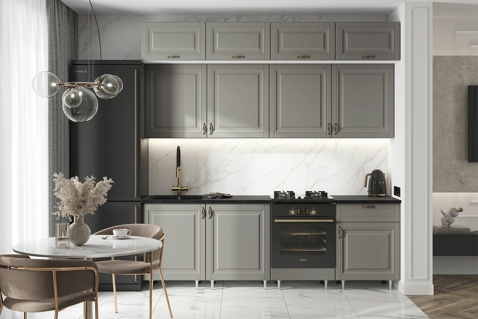 Кухня Престиж 2,4м (490) (Браш Текстура Грей, Белый (Кастилло темный))