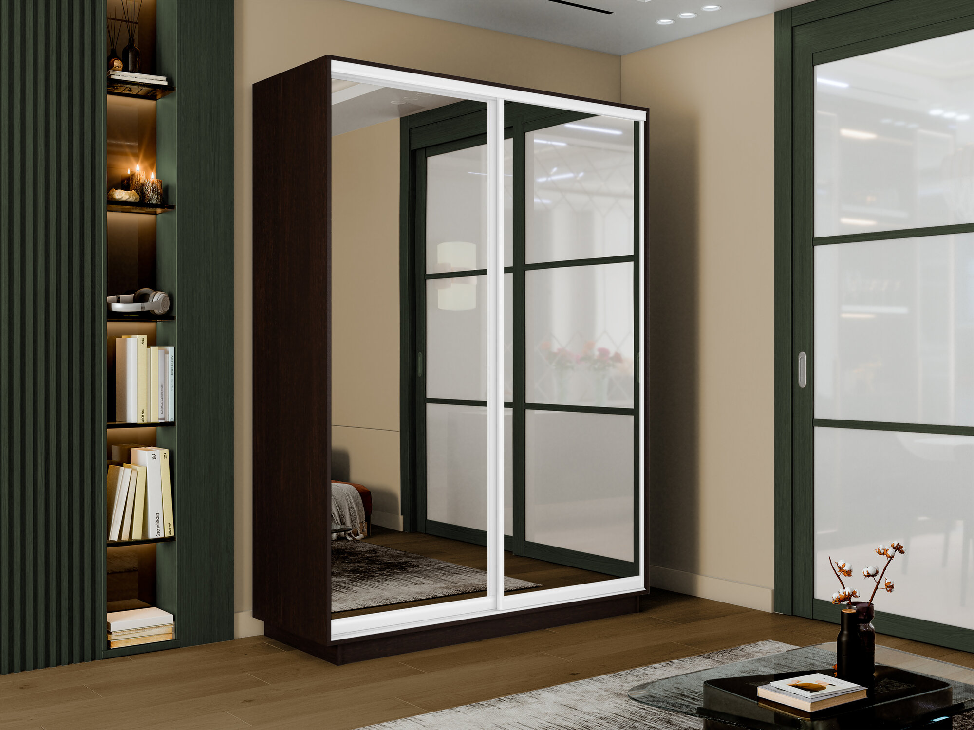 Шкаф купе Вилли 2-х дверный ЛДСП, зеркальные двери, профиль белый 140 см х 220 см х 60 см (Венге)