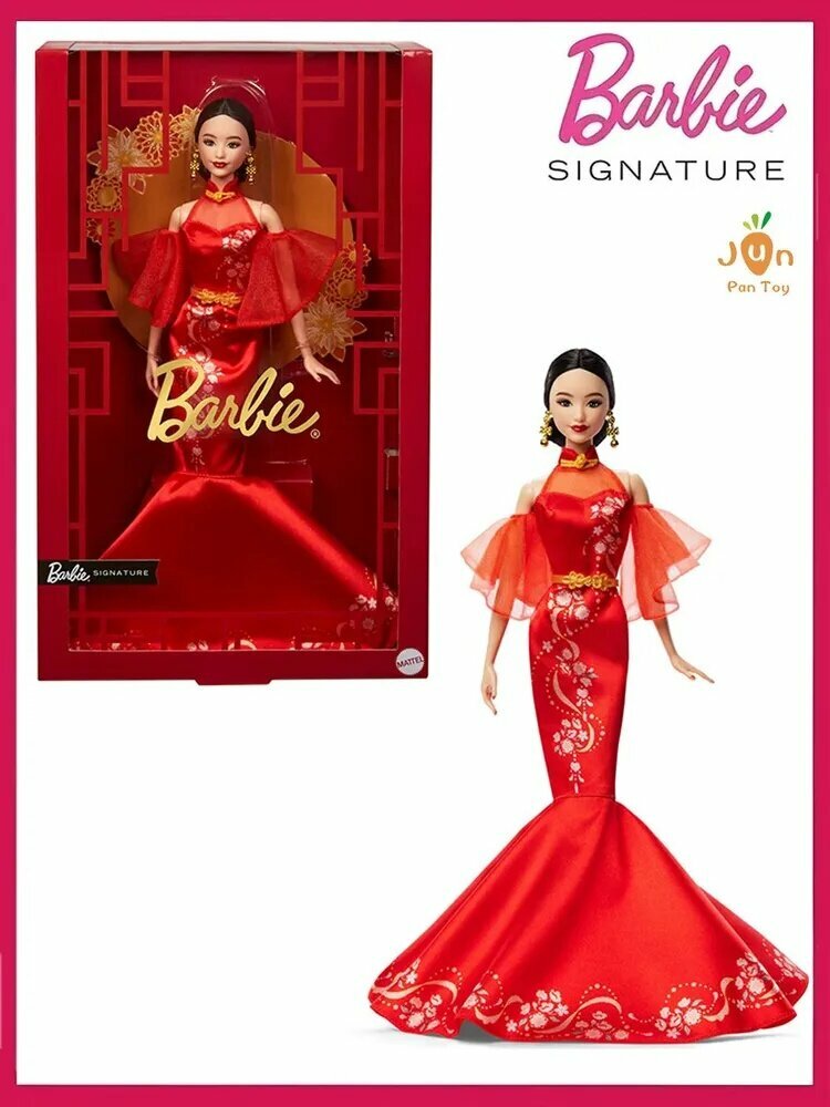 Шарнирная кукла, Mattel Barbie Signature Lunar New Year Doll / В платье Ципао с принтом в виде цветков сливы и золотыми аксессуарами, подарок девушке на день рождения, Барби