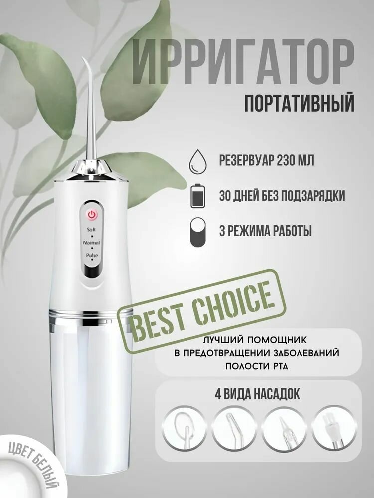 Портативный ирригатор для полости рта, 4 насадки, 3 режима, резервуар 230 мл