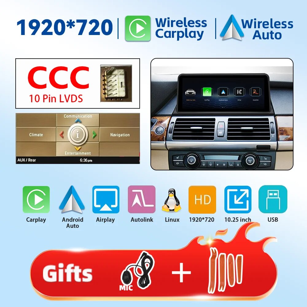 Заводская цена 12,3 дюйма сенсорный экран для BMW X5 E70 X6 E71 E72 CCC CIC Wireless Carplay Android Auto Car Multimedia Playe 10.25 CCC