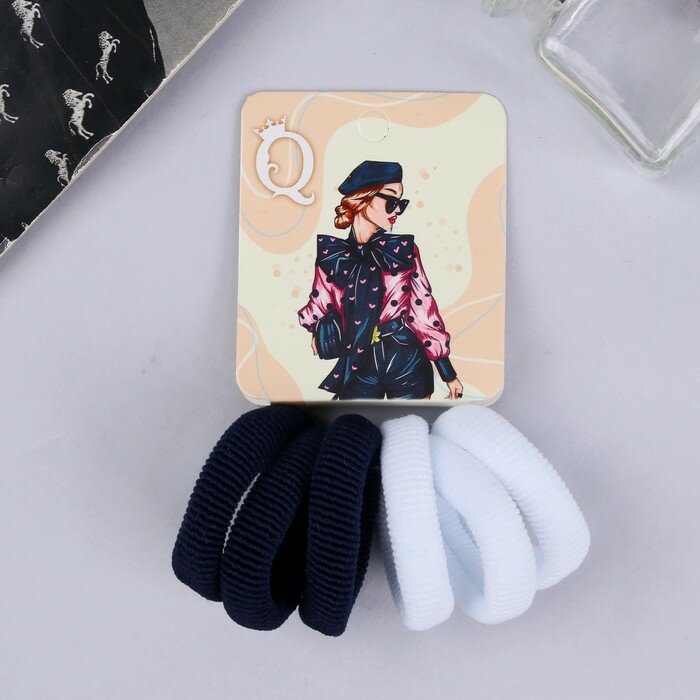 Резинка для волос "Кокетка" (набор 6 шт) стиль, 4 см, тёмно синий белый 10105112