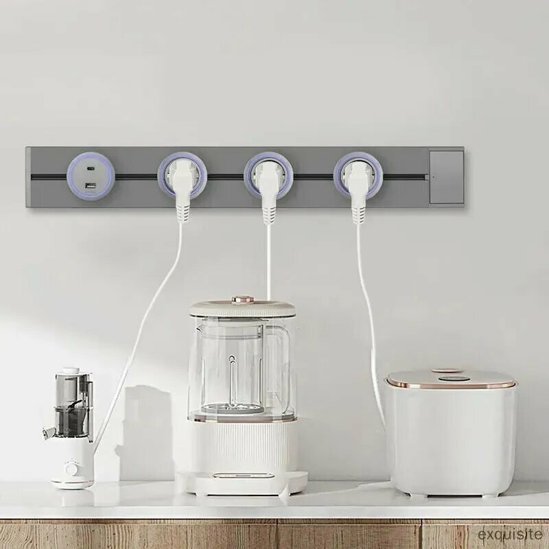 Трековые розетки; Трековая система накладная металлическая шина 60см + 3 EU розетки+2 USB серый