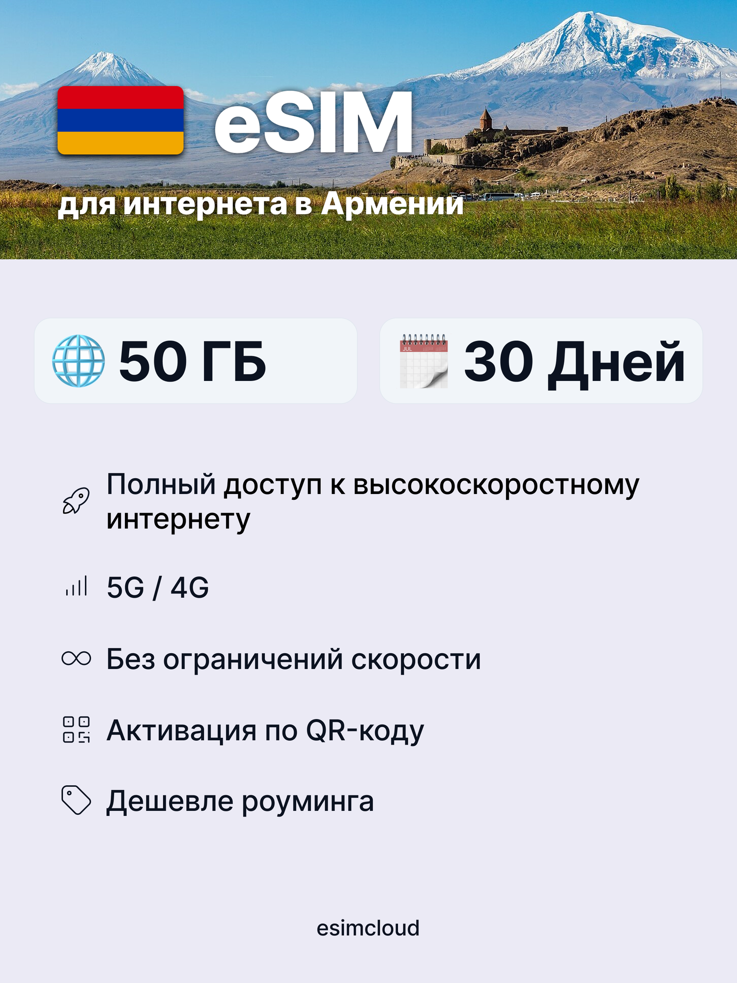 ESIM для Армении 50 ГБ / 30 дней • Мобильный интернет • Универсальная eSIM • 4G LTE / 5G • Смартфон и планшет